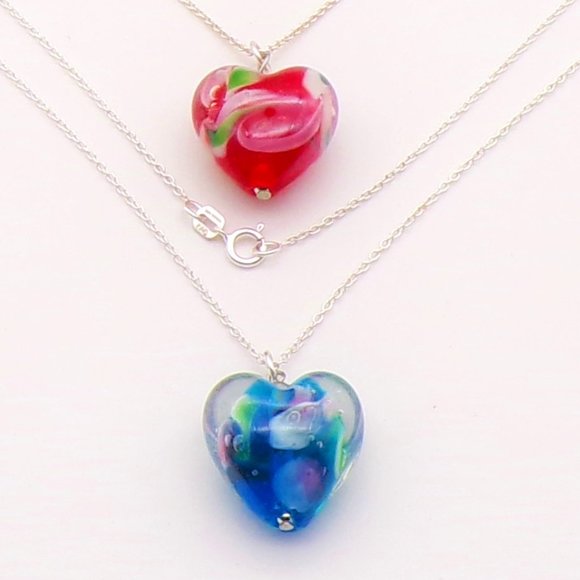 Fas | Jewelry | 2 Fas Red And Blue Glass Heart Pendants With Sterling ...